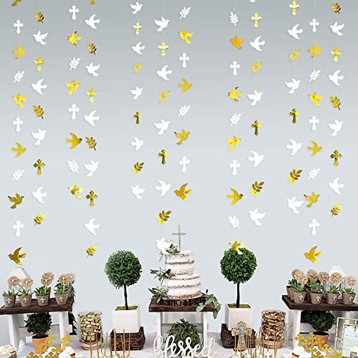 40Ft Gold and White Peace Doves Olive Leaf Cross Paper Garland Streamer for Spring Wedding Bridal Baby Shower Birthday Engagement First Holy Communion Religious Christian Baptism Tea Party Decorations