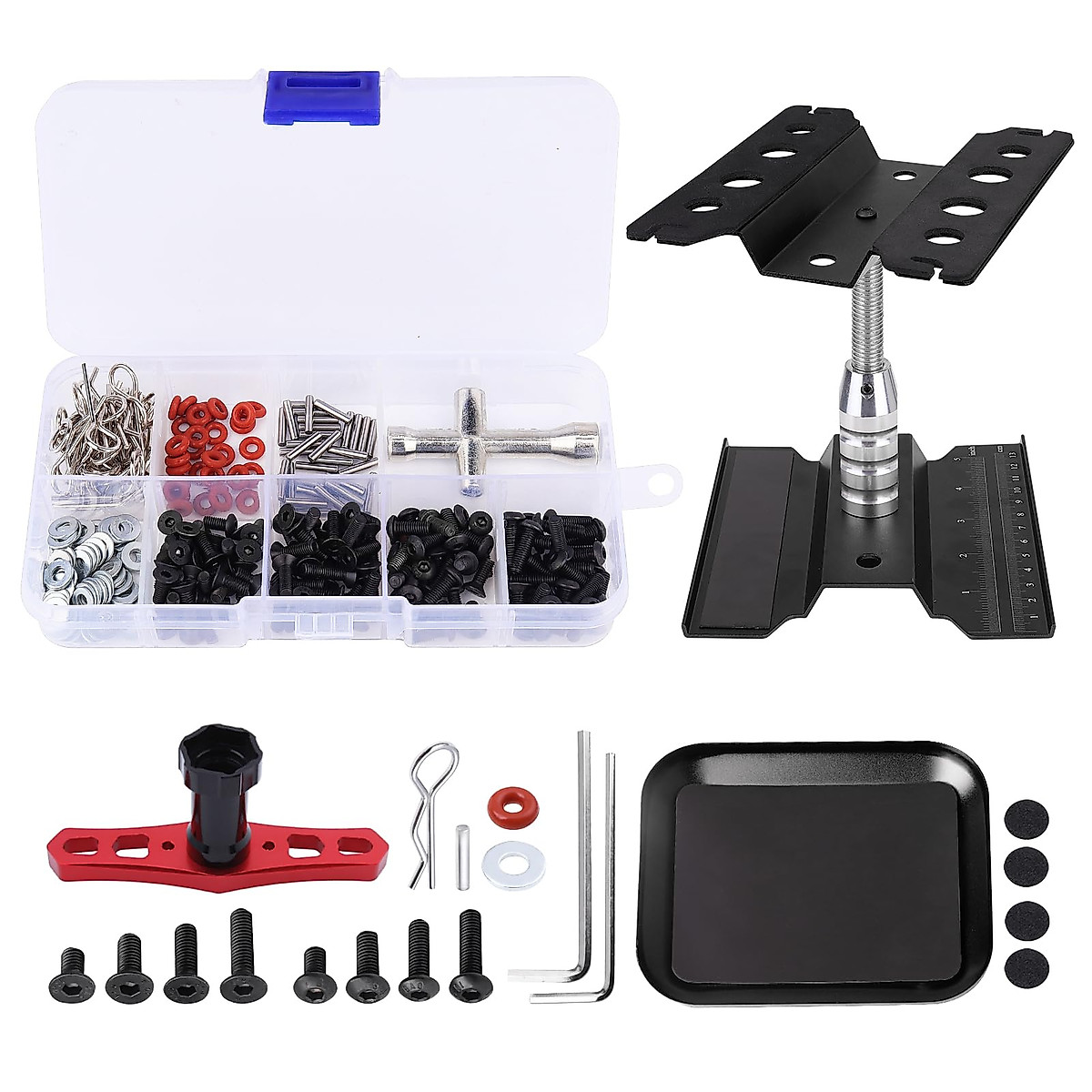 FriHobby RC Car Work Stand RC Tool Kit Repair Workstation Aluminum Alloy 360 Degree Rotate w/Screw Kit & Screw Tray, Wheel Wrench for 1/8 1/10 1/12 1/16 Scale Models Cars Trucks (Black)