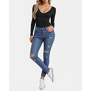 CLOZOZ Long Sleeve Shirts for Women Sexy V Neck Tops Fitted Tight T Shirts Basic Tee Black