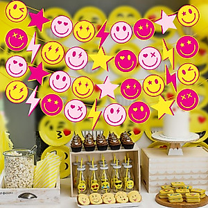 Preppy Party Banners 4Pcs Preppy Smile Face Party Decorations Hot Pink Yellow Smile Face Lightning Star Themed Party Banners for Back to School Party Bachelorette Birthday Party Supplies