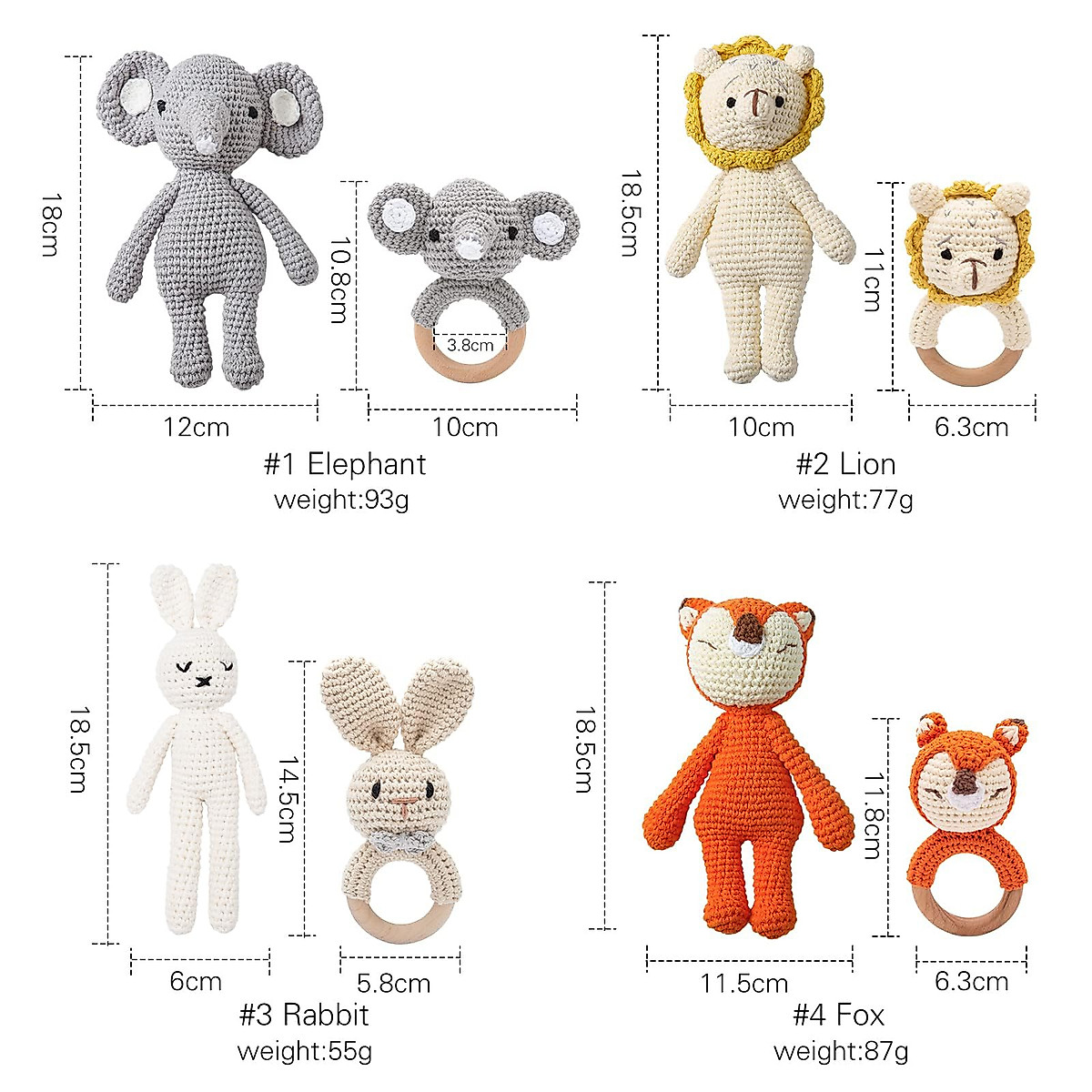 2PC Wooden Baby Bunny Rattle & Crochet Doll Plush Stuffed Rabbit Animals Toy for Newborn Baby | 100% Handmade Infant Soothe Toys for Sensory and Early Grips Development Thanksgiving Gifts