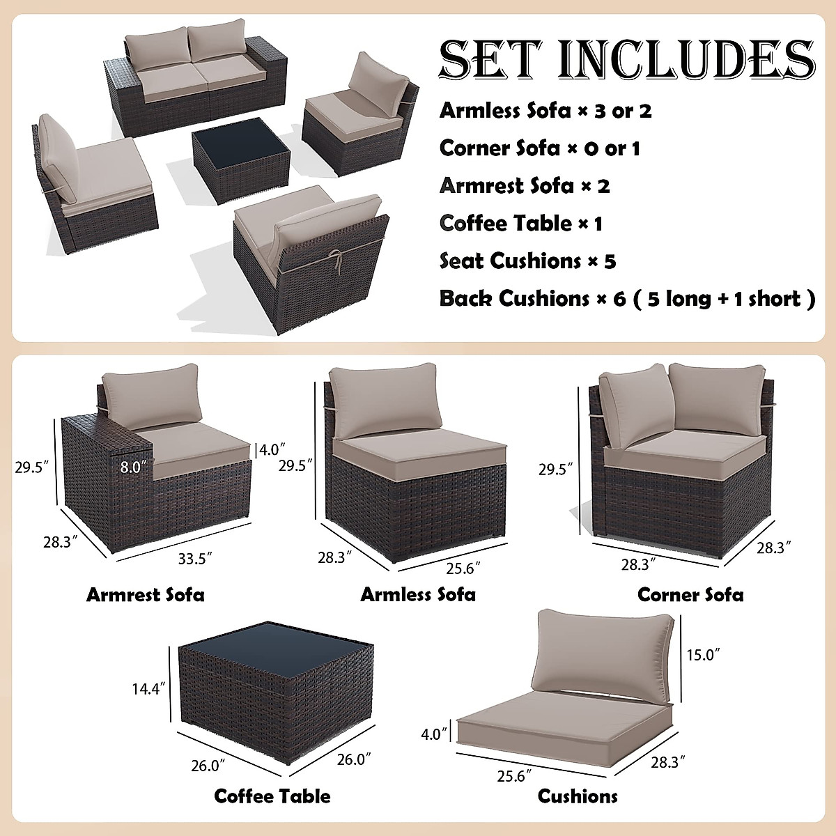 Gotland 6-Piece Patio Furniture Set, All-Weather PE Rattan Outdoor Sectional with Replaceable Khaki Waterproof Cushions and Coffee Table