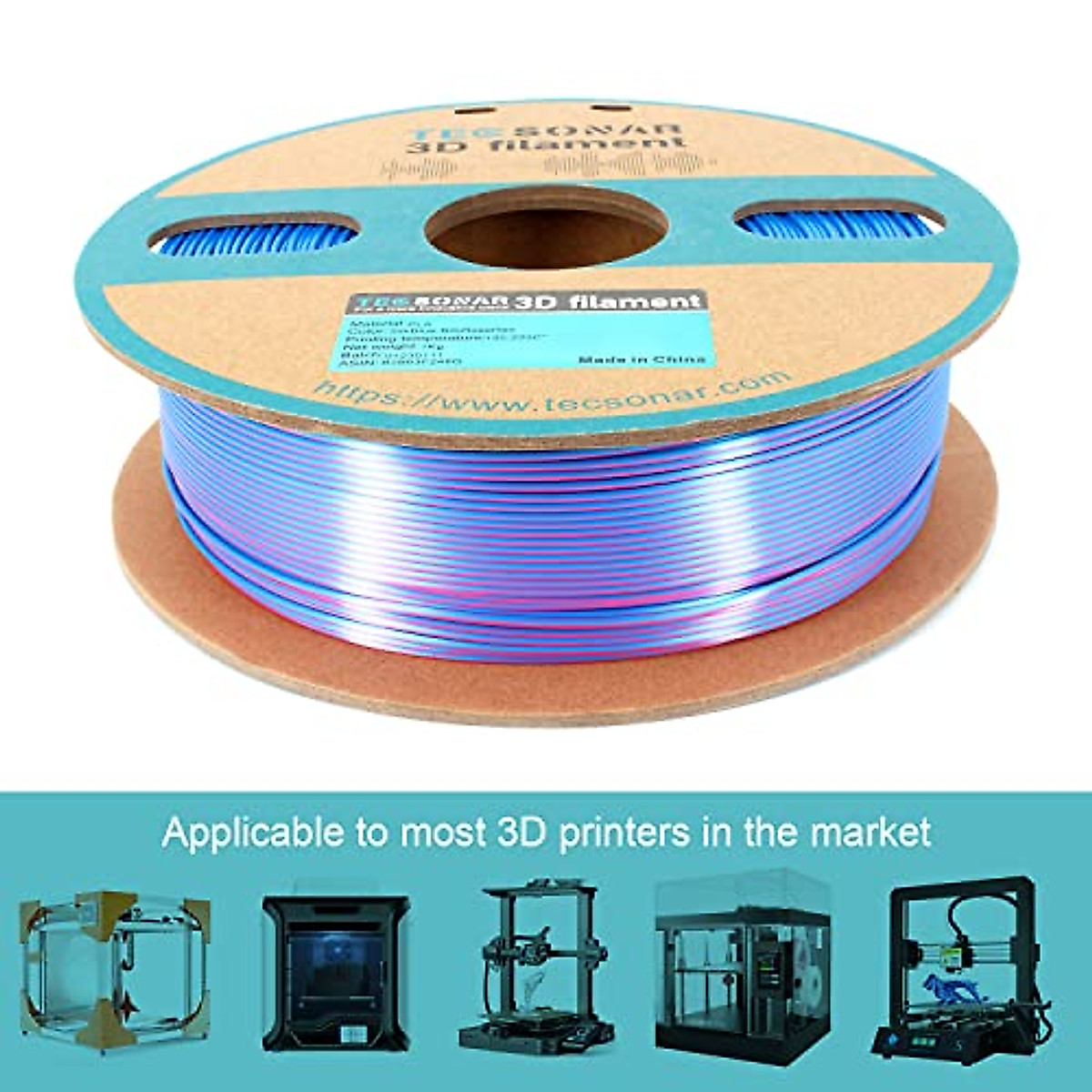 TECSONAR Silk Dual Color PLA Filament Coextrusion Filament Multicolor 3D Printer Filament 1kg Dichromatic Filament 1.75mm (± 0.03 mm) Compatible w/Most of 3D Printer, Silk Blue Rose Red