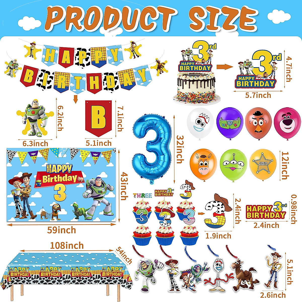Toy Inspired Story Birthday Decorations For 3 Year Old,Include Happy Birthday Banner,Balloons,Backdrop,Tablecloth Cake Topper For 3rd Birthday Decorations for Boys.