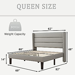 iPormis Queen Upholstered Bed Frame with Wingback, Platform Bed Frame with Storage Headboard, Wood Slats Support, No Box Spring Needed, Noise-Free, Easy Assembly, Light Gray