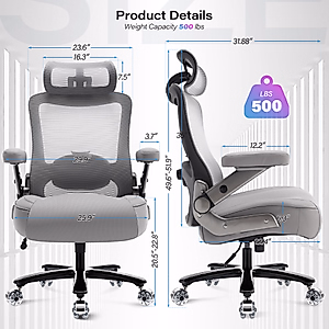 500lbs Big and Tall Office Chair- Heavy Duty Executive Computer Chair with 3D Flip Arms Large Wheels, Ergonomic Mesh High Back Desk Chair, Extra Wide Seat Adjustable Lumbar Support&Headrest