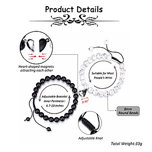 Jovivi 2 Pcs Couple Bracelets 8mm Natural Stone Beads Healing Crystals Stretch Bracelet Matching Heart Charms Adjustable for His and Her Jewelry Lovers Best Friends Friendship Gifts