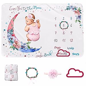Baby Milestone Blanket Girl Monthly Age Blanket Moon Soft Infant Monthly Milestone Blanket Boy Baby Shower Blanket Includes Headband Wreath Frame 50"x40"