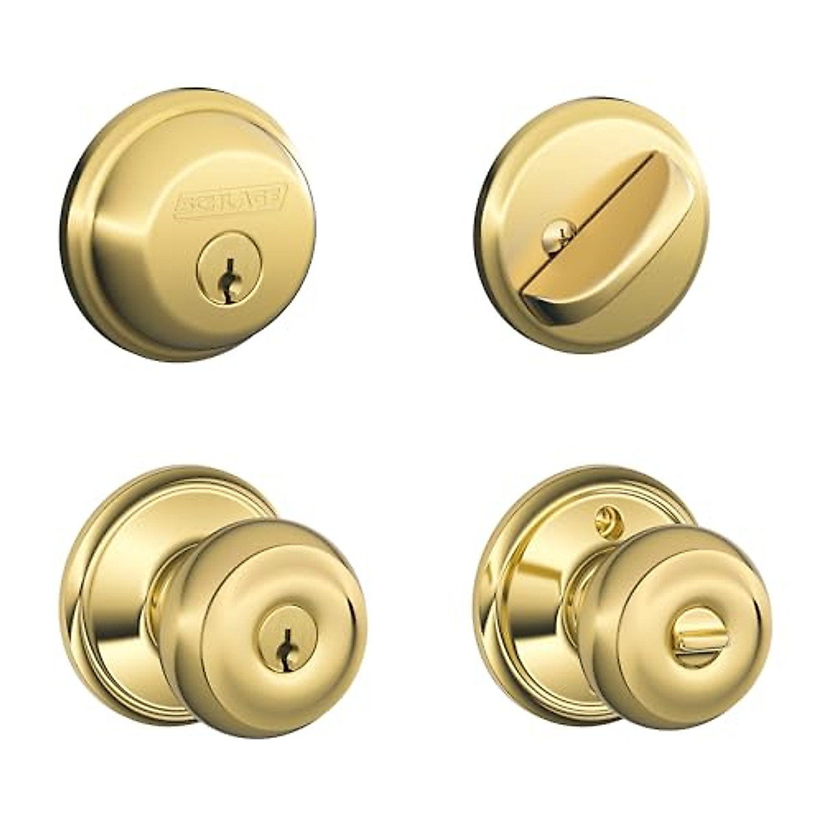 Schlage FB50N V GEO 505 B60 Single Cylinder Deadbolt and F51 Keyed Entry Georgian Knob Keyed Alike, Bright Brass Finish