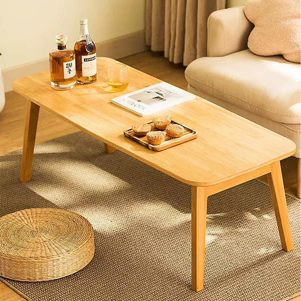 Baveke Coffee Table Foldable Bamboo Mid Century Desk TV Stand with Open Storage Shelf Center Table for Living Room Furniture RV No Assembly, Natural (31.5 in)