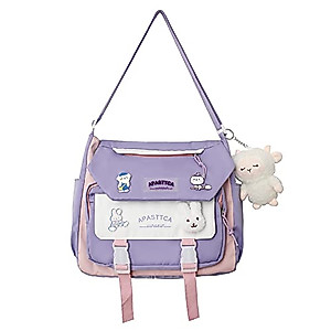 Kawaii Backpack, AZURAOKEY Casual Student Tutorial Bag with Kawaii Pins & Accessories, JK Uniform Bag Hit Color Women Messenger Bag Large Capacity Nylon Shoulder Bag for College (Purple)