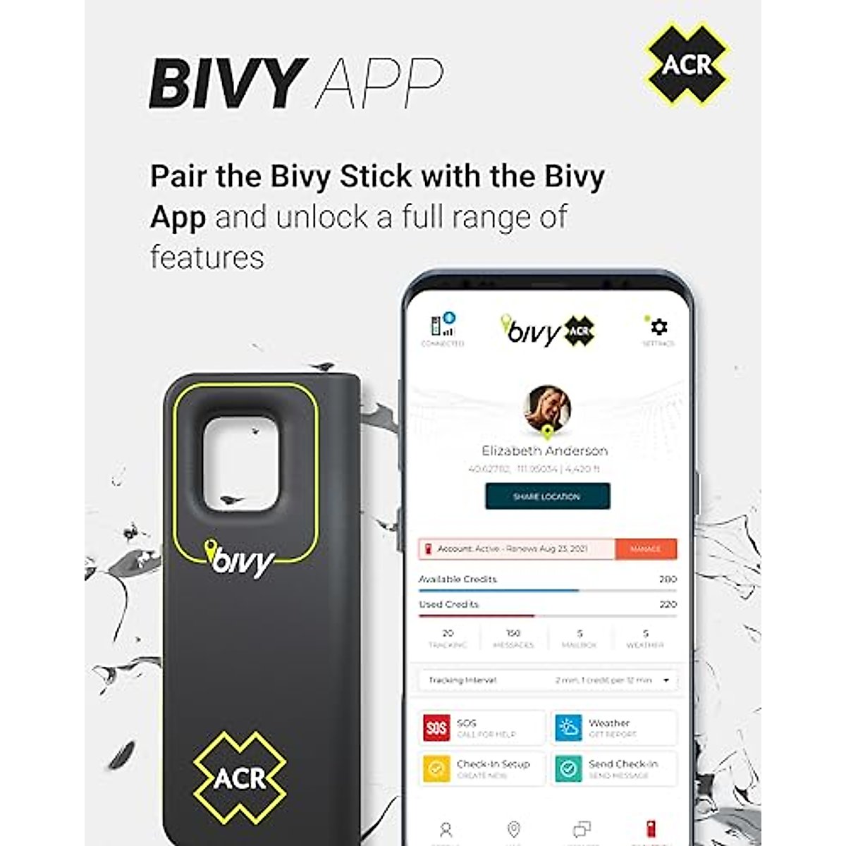 ACR Bivy Stick Satellite Communicator - Two-Way Global SMS, GPS Tracker for Hiking Safety, Off-Grid Communication, SOS Emergency Beacon, Satellite Messenger & Location Sharing - iOS/Android App