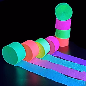 400feet Blacklight Party Streamer Decorations 4 Rolls Glow Crepe Paper UV Reactive Fluorescent Neon Paper Streamers Glow Party Supplies and Decorations for Wedding, Birthday, Neon Party, Fiesta Party