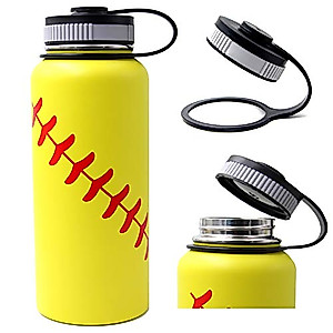 32 oz Softball Water Bottle, Flask Sports with 2 Lids 18/8 Stainless Steel Tumbler Double Wall Vacuum Insulated Hot/Cold (32oz, Yellow Softball)