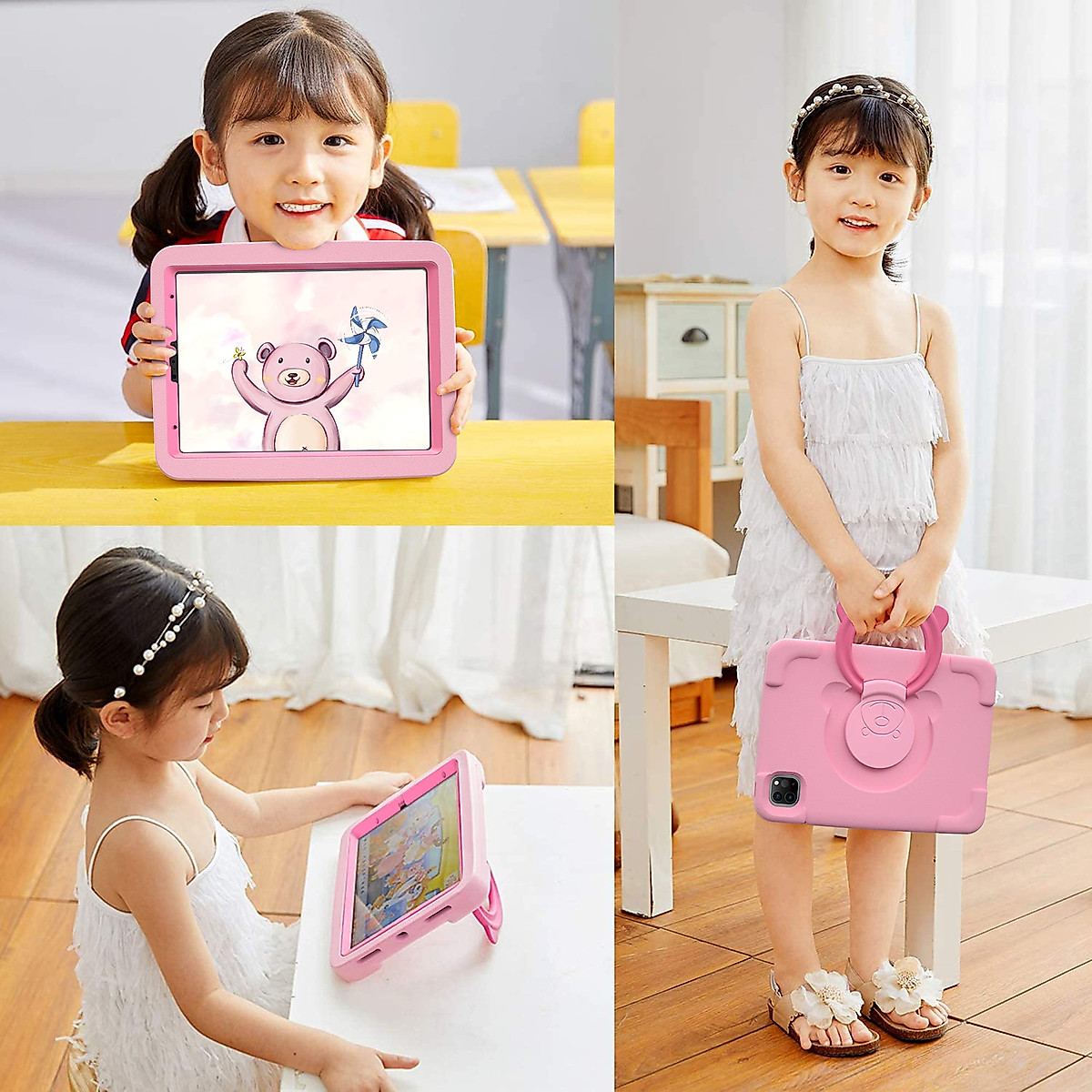 PZOZ iPad Kids Case Compatible for iPad Pro 11 inch 2022 2021 2020 2018(4th/3rd/2nd/1st Generation), EVA Shockproof Rotate Handle Folding Stand Heavy Duty Protective Cute Cover for Boys Girls (Pink)