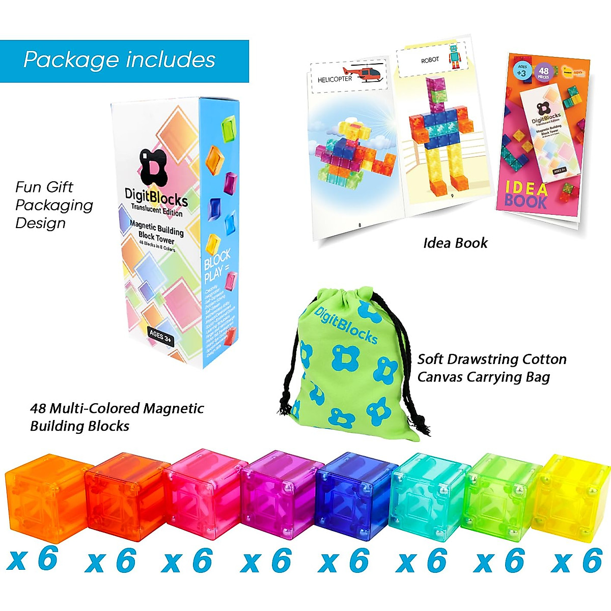 BrainSpark 48PCS Digit Blocks Translucent Magnetic Building Blocks, Montessori Clear Magnet Cubes for Boys Girls Stacking Block Sets Ages 3-9