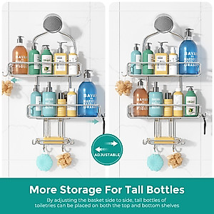 HAMITOR Adjustable Large Shower Organizer with Soap Holder - Rust Proof Bathroom Shelf Shampoo Storage Rack with 3-Tier Baskets - 4 Movable Hooks for Razor Loofah Silver