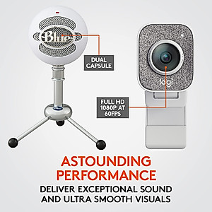 Logitech for Creators StreamCam Premium Webcam, Full HD 1080p 60 fps, Premium Glass Lens, Smart Auto-Focus, White and Blue Snowball USB Microphone – Textured White