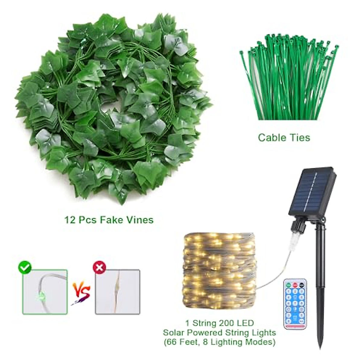 84 Feet Fake Vines with 200 LEDs Solar Outdoor String Lights (Remote Control), Artificial Plants, Patio Decor,Hanging Fake Ivy Greenery Garland Plants,Fake Leaves for Balcony Decor/Outdoor Wall Decor