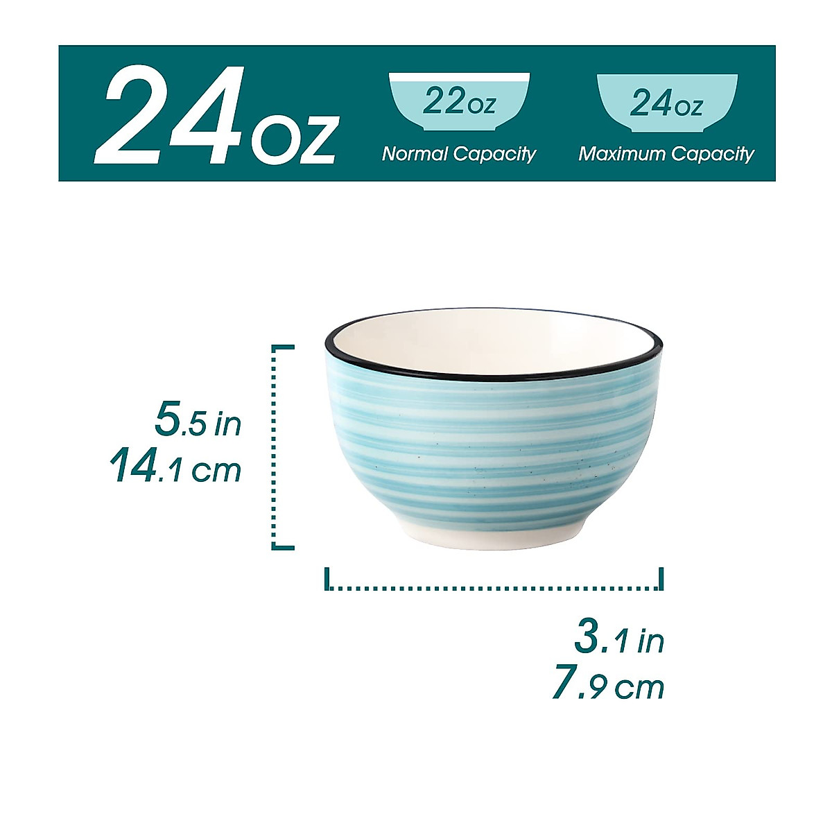 vancasso Bonbon 24oz Stoneware Cereal Bowls 5.5 Inch Microwave & Dishwasher Safe Lead-free Soup Bowls Blue Bowls Kitchen Bowl for Pasta Oatmeal Salad Dessert