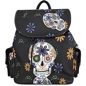 WESTERN ORIGIN Sugar Skull Day of the Dead Daypack Punk Gothic Backpack Rose Flower Fashion Women Travel Biker Purse Daypack Wallet Set (Black Set)