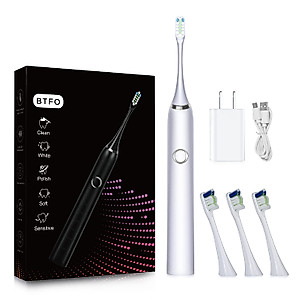 BTFO Sonic Electric Toothbrush with 5 Modes, 2pcs Replacement Brush Heads USB Rechargeable Smart Electronic Toothbrush with Holder for Adults IPX7 Waterproof Smart Timing Fast Charging (White)
