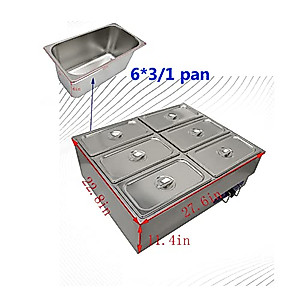 INTBUYING 110V 1500W 1/3 GN 6 Pan Electric Commercial Food Soup Warmer Steam Table Steamer 12x5.5x6inch Pan Double Row for Catering and Restaurants