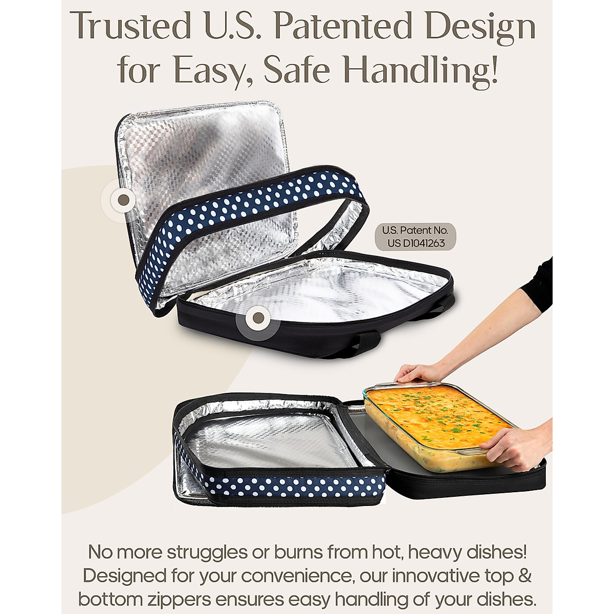Premium Insulated Casserole Carrier with Heat-Resistant Mat for Hot or Cold Food – Fits 9”x13” or 11”x15” Baking Dishes, Lasagna Holder for Potlucks, Parties, Picnics, and Cookouts [Navy Polka Dot]
