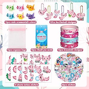 EYxsaxenk 122Pcs Axolotl Party Favor Pack of Reptile Animal Rubber Bracelet Resin Ornaments Temporary Tatto Sticker Keychain with Thank You Cards and Organza Bag for Axolotl Party Goodie Bag Supply