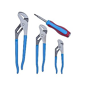 Channellock GS-3S 3 Piece Straight Jaw Tongue and Groove Pliers Set with bonus 6-in-1 CODE BLUE Screwdriver | Laser Heat-Treated 90° Teeth| Forged from High Carbon Steel | Pliers Made in USA