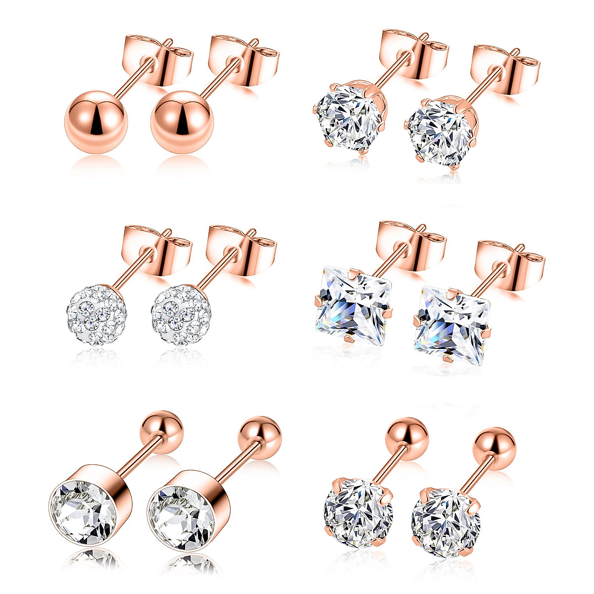 Tornito 6 Pairs Stainless Steel Stud Earrings CZ Ball Earring Set For Men Women 4MM/6MM/8MM Silver Rose Gold Tone