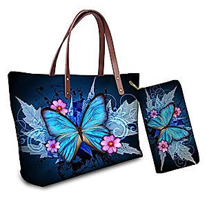WELLFLYHOM Blue Butterfly Tote Purse and Wallet Set, Top Handle Bags for Women Satchel Shoulder Handbags Large Travel Shopping Work Evening Party Tote Bag with Leather Wallet Zipper