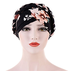 Awlsyj Chemo Cancer Head Hat Cap Ethnic Bohemia Pre-Tied Twisted Braid Hair Cover Wrap Turban Headwear (D Black Pink Flower)