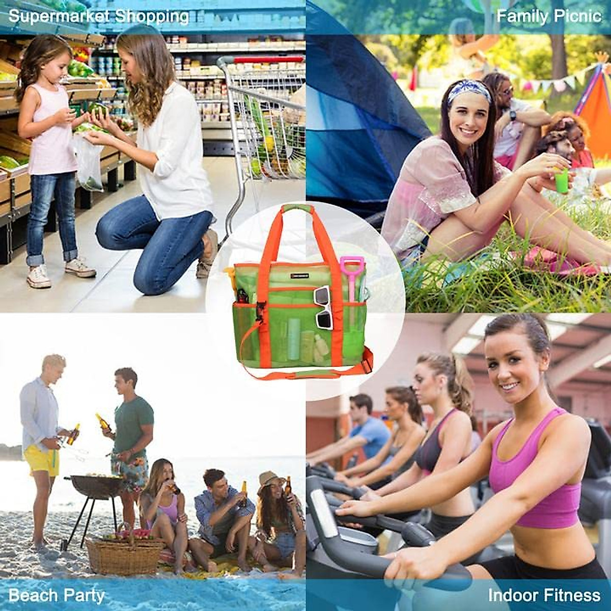 YITUYISI Mesh Beach Bag for Women 40L Large Lightweight Tote Bag For Toys & Vacation Essentials (Green and orange)