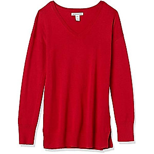 Amazon Essentials Women's Lightweight Long-Sleeve V-Neck Tunic Sweater (Available in Plus Size), Red, Medium
