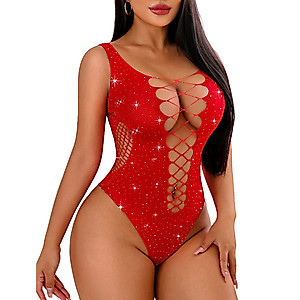Avidlove Red Fishnet Bodysuit Rhinestone Body Suits Woman Mesh Lingerie Sexy Fishnets Lingerie Sparkle Bodysuit Teddy Lingerie