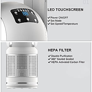 HEATIT Bladeless Fan with Remote and Air Purifier Tower Fan 80° Oscillating with 8 Speeds 8H Timer Air Circulator Fan for Home Bedroom Kitchen and Office White