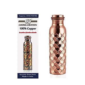 Custeel Creation Pure Copper 1L Water Bottle - (99.74%) Jointless Seamless Copper Flask (Diamond Finish)