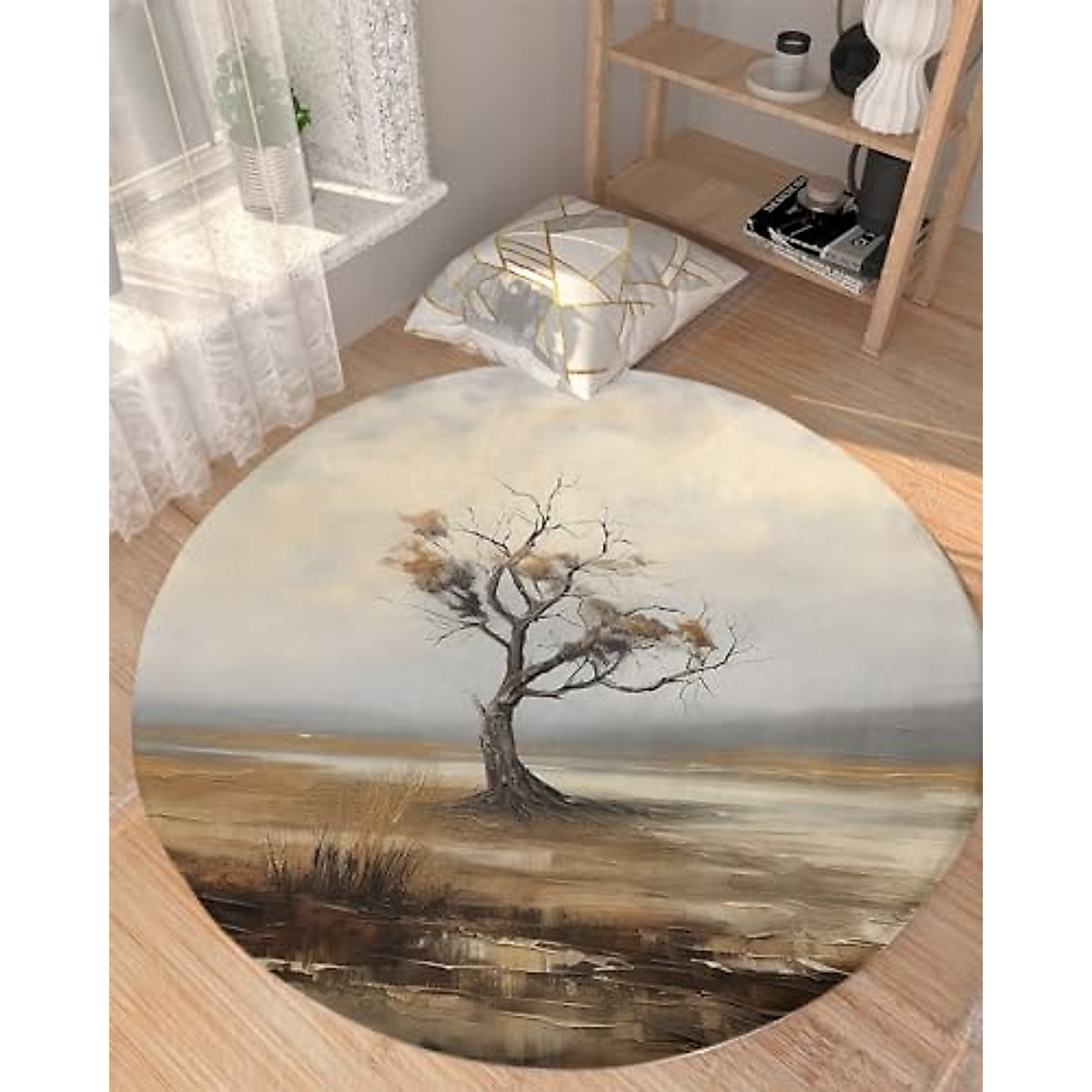Tree Branches Fluffy Round Area Rug Carpets 4ft, Plush Shaggy Carpet Soft Circular Rugs, Non-Slip Fuzzy Accent Floor Mat for Living Room Bedroom Nursery Decor Wild Leaves Forest Abstract Painted Art