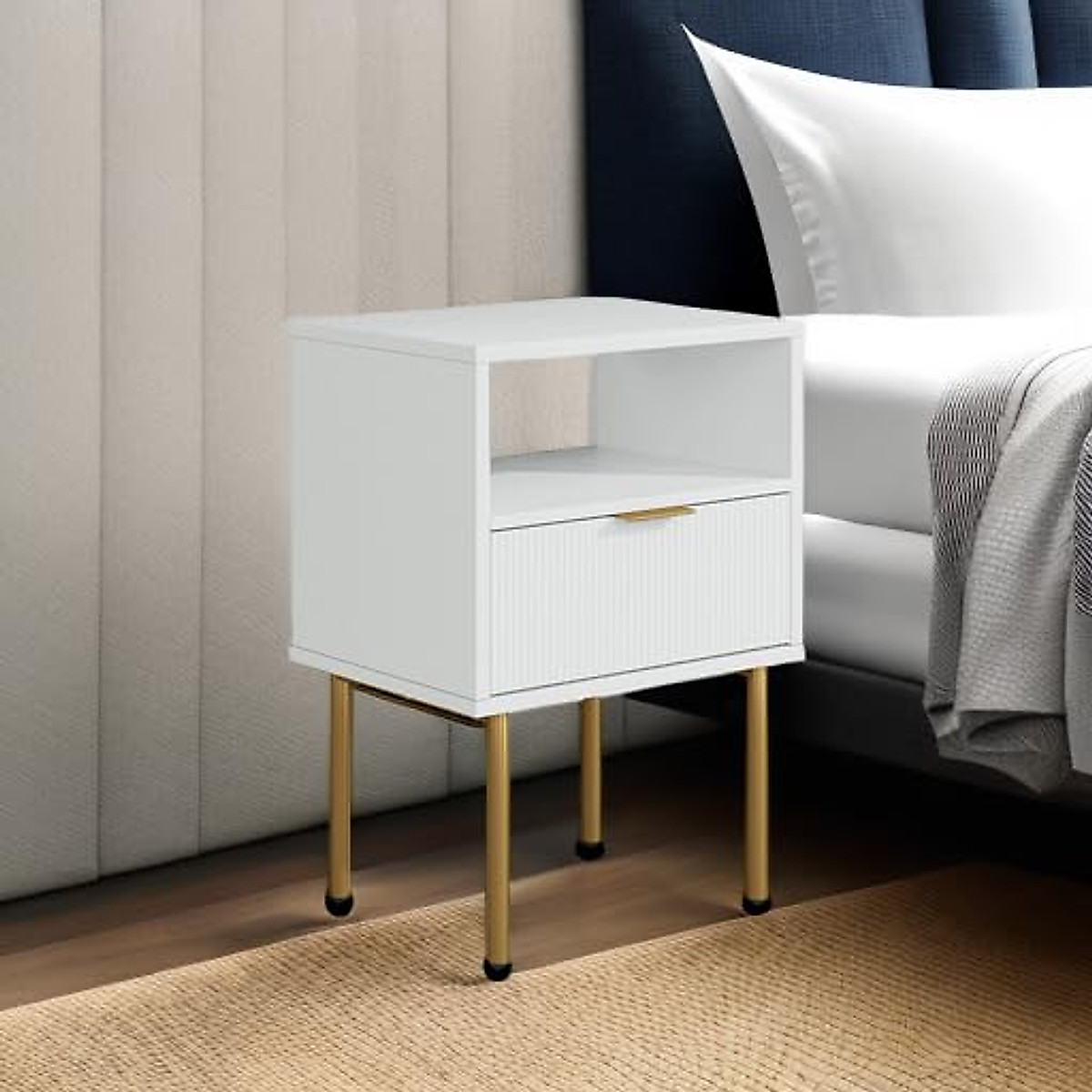 Masupu Nightstand,Mid-Century Modern Bedside Table with Storage Drawer and Open Wood Shelf,Small Gold Frame Side Table for Bedroom,Living Room,White