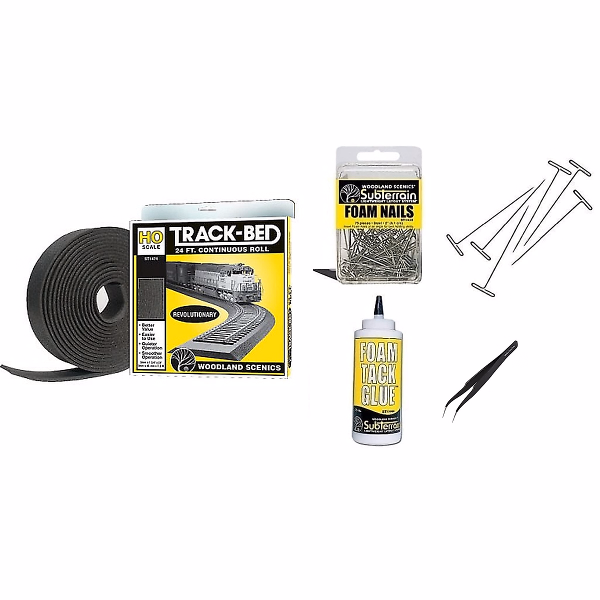 Woodland Scenics HO Scale Track-Bed 24' Roll, Foam Nails, and Foam Tack Glue - with Make Your Day Curved Tweezers