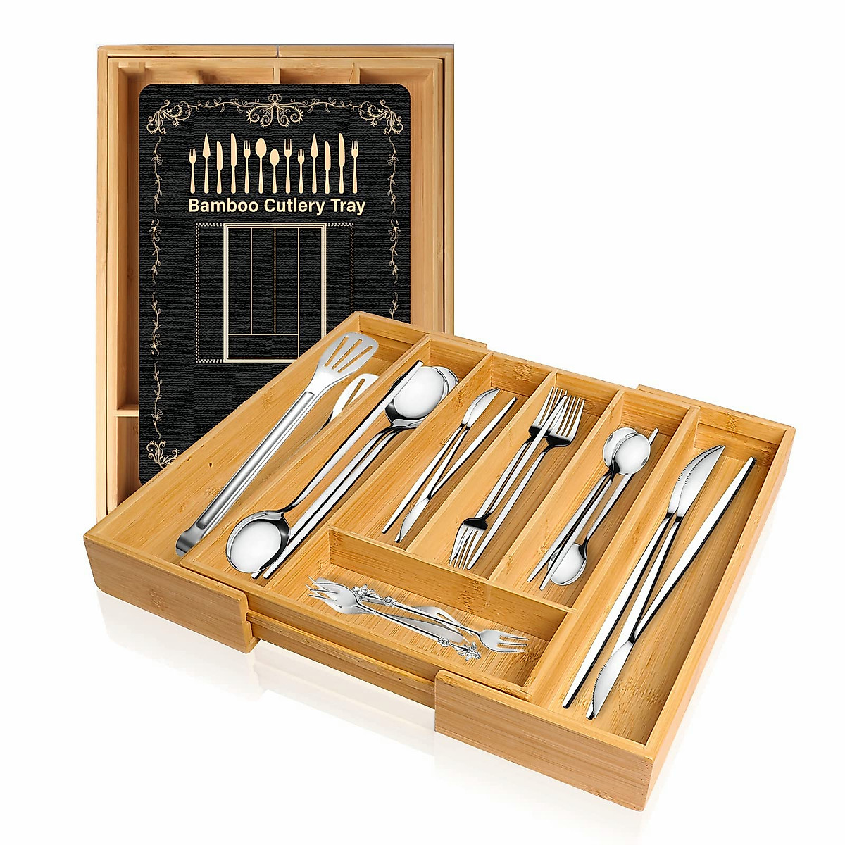 Bamboo Kitchen Drawer Organizer, Expandable Silverware Tray and Utensils Holder, Wooden Cutlery Tray with Grooved Divider for Flatware Spoon Fork Knives Storage