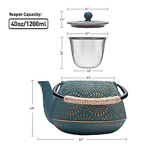 MILVBUSISS Cast Iron Teapot, Large Capacity 40oz Tea Kettle with Infuser for Stove Top, Sakura Design Japanese Tea Pot for Loose Leaf Coated with Enameled Interior, 1200ml Green