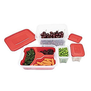 Mind Reader Meal Prep Food Storage Plastic Containers with Lids, Removable Compartment Sectionals Set of 20 (42 pcs, 51 cups total), Red