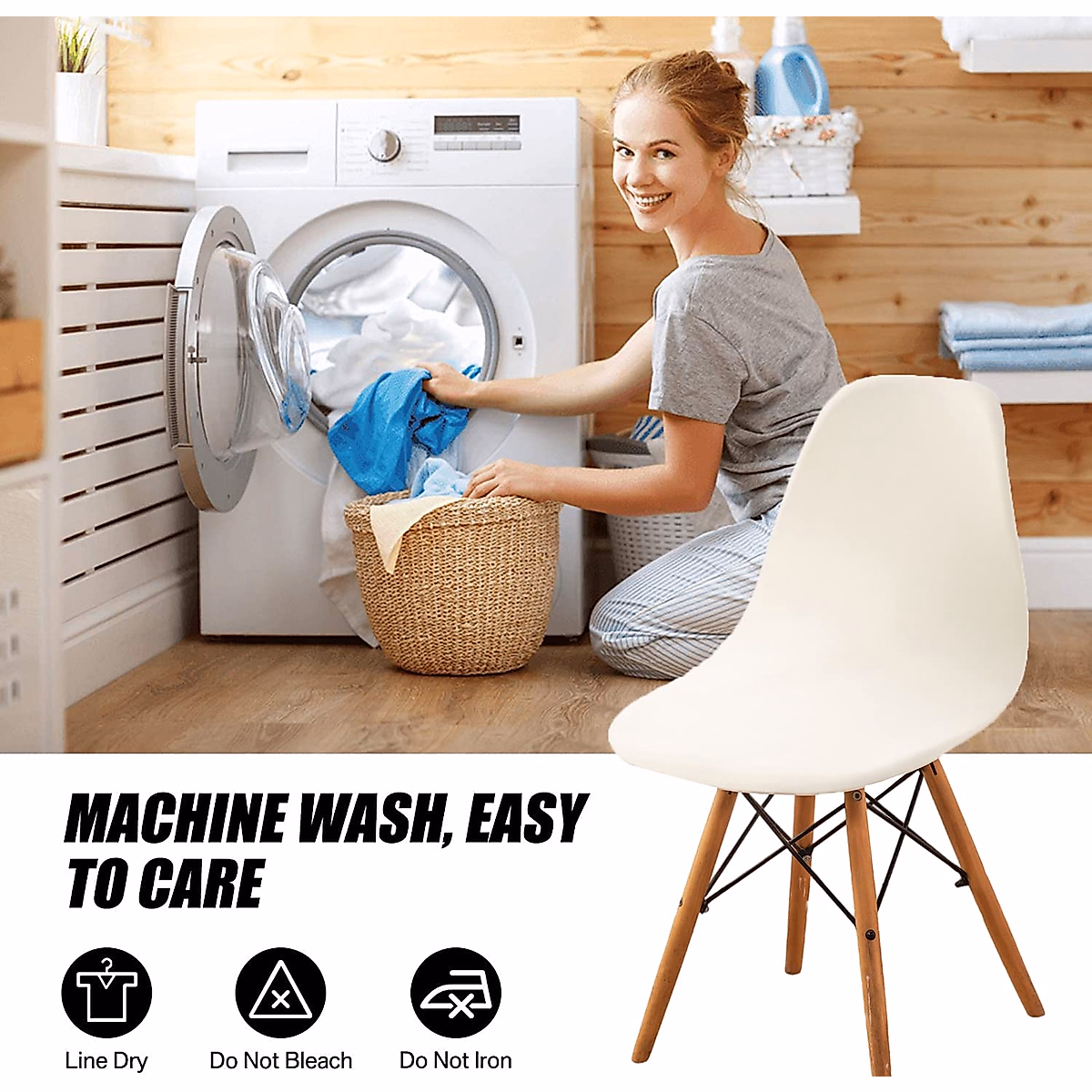 NILUOH Shell Chair Cover Mid Century Modern Dining Chair Covers Lounge Armless Chairs Covers for Kitchen,Dining Room,Set of 4,Creamy-White