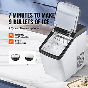 WACTO Self-Cleaning Ice Maker - 9 Cubes in 7 Mins, 33lbs in 24Hrs, Ice Scoop and Basket, 2 Ways Water Refill, 2 Size Bullet Ice - Ideal for Kitchen Bar - Portable Countertop Ice Maker