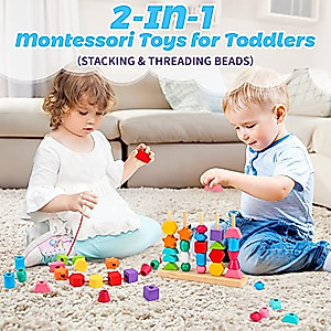Montessori Wooden Beads Sequencing Toy Set, Stacking Blocks & Lacing Beads & Matching Shape Stacker, Montessori Toys for 2 3 4 5 Year Old STEM Preschool Learning Toys Gifts for Kids Boy Girl Toddler