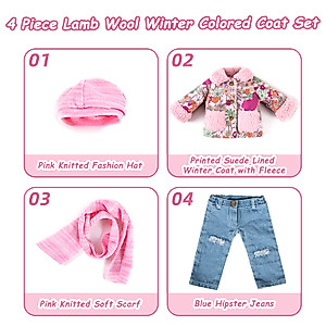 Rakki Dolli Doll Clothes 4 Piece Set Includes Pink Flower Snow Jacket, Knitted Wool Hat, Scarf and Hipster Jeans Fits for 18" American Girl Dolls (Doll and Shoes Not Included) 008