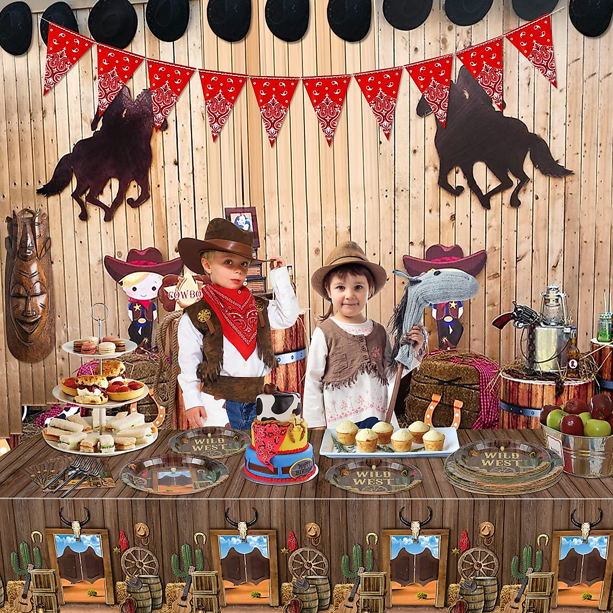 Hegbolke Western Party Decorations - 81 Pcs Plates, Napkins, Western Tablecloth, Black Forks Set for Western Birthday Party Decorations Western Party Supplies, Serve 20
