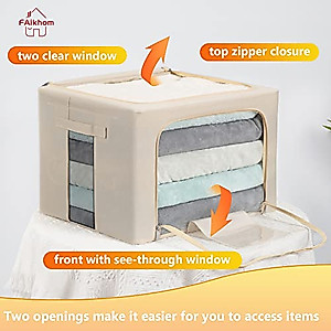 FAikhom 3 Pack Stackable Storage Bins- Foldable Metal Frame Storage Box Oxford Fabric Stackable Clothes Container Organizer with clear Window & Carry Handles (66L, Beige)